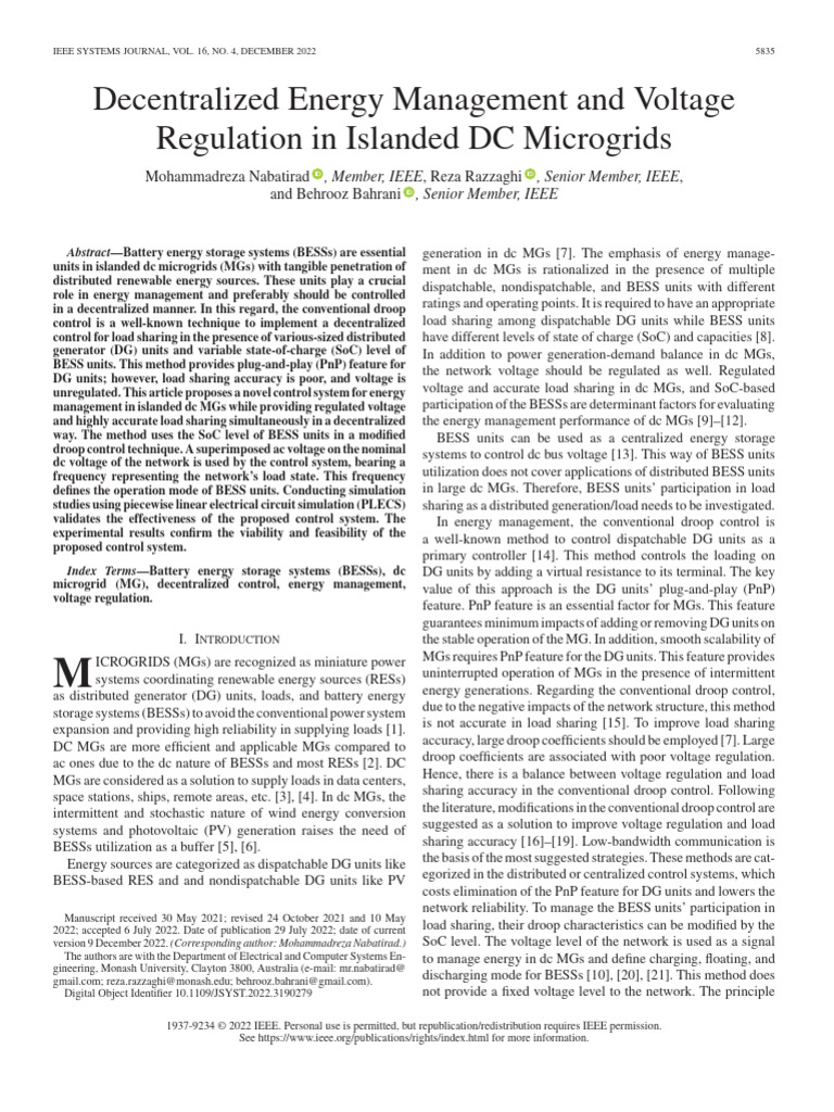 Review Decentralized Energy Management and Voltage Regulation in Islanded DC Microgrids | PDF ...