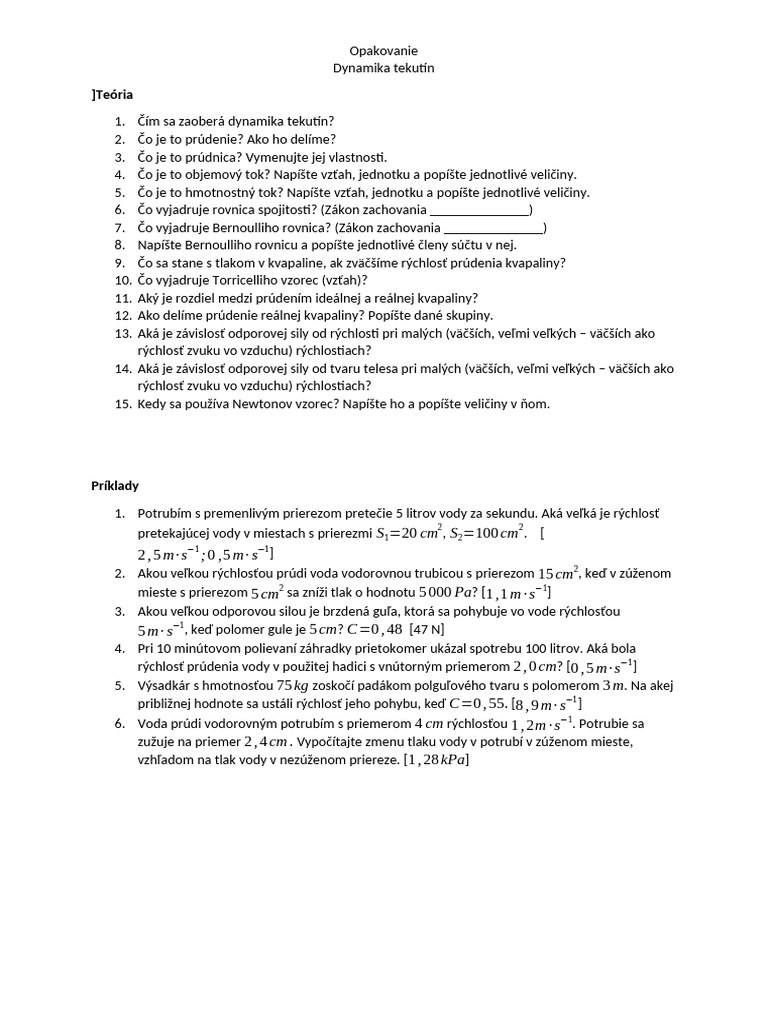 Opakovanie - Dynamika Tekutín | PDF