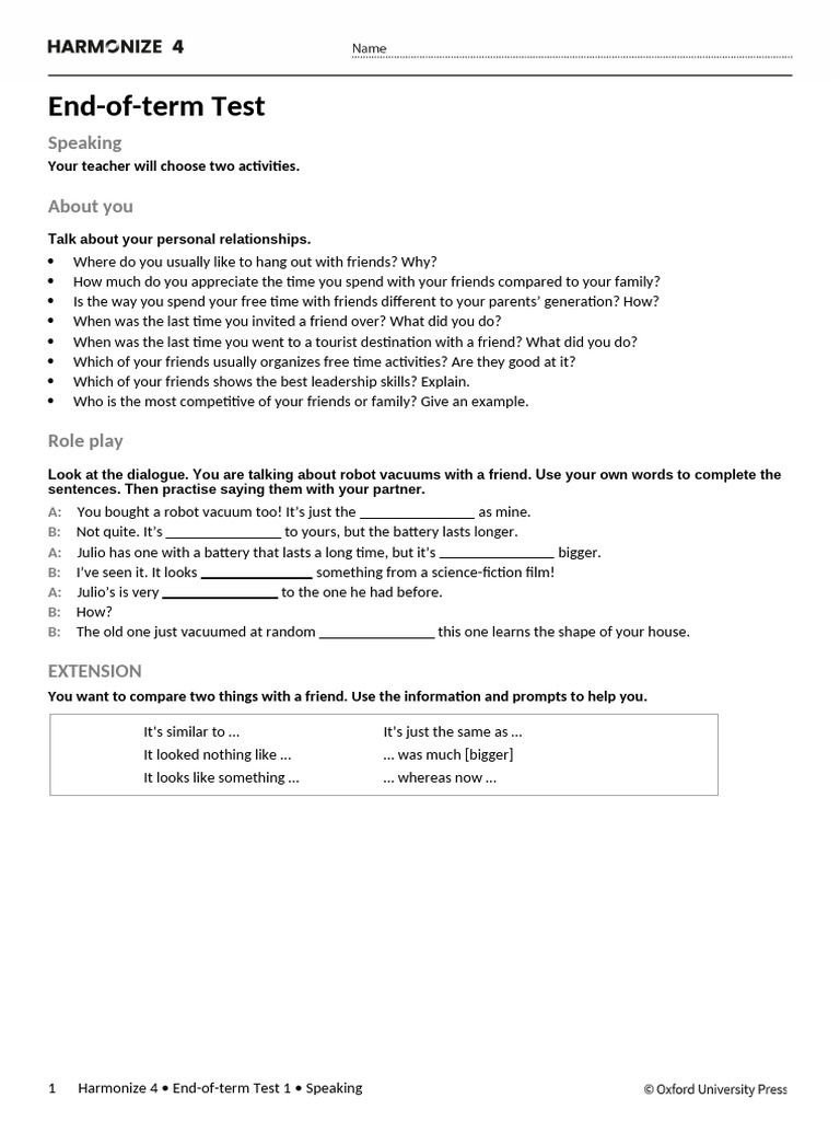 Harmonize - 4 - End-Of-Term Test 1 - Speaking | PDF
