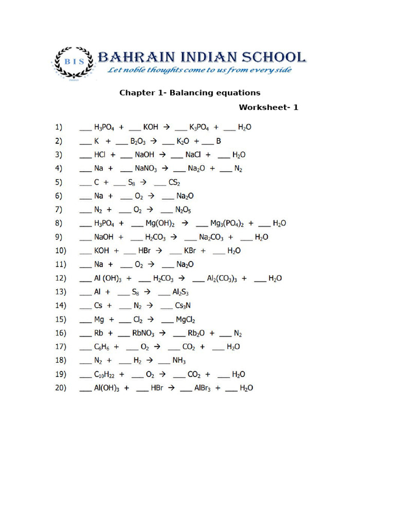 Chemistry Balancing Worksheet | PDF