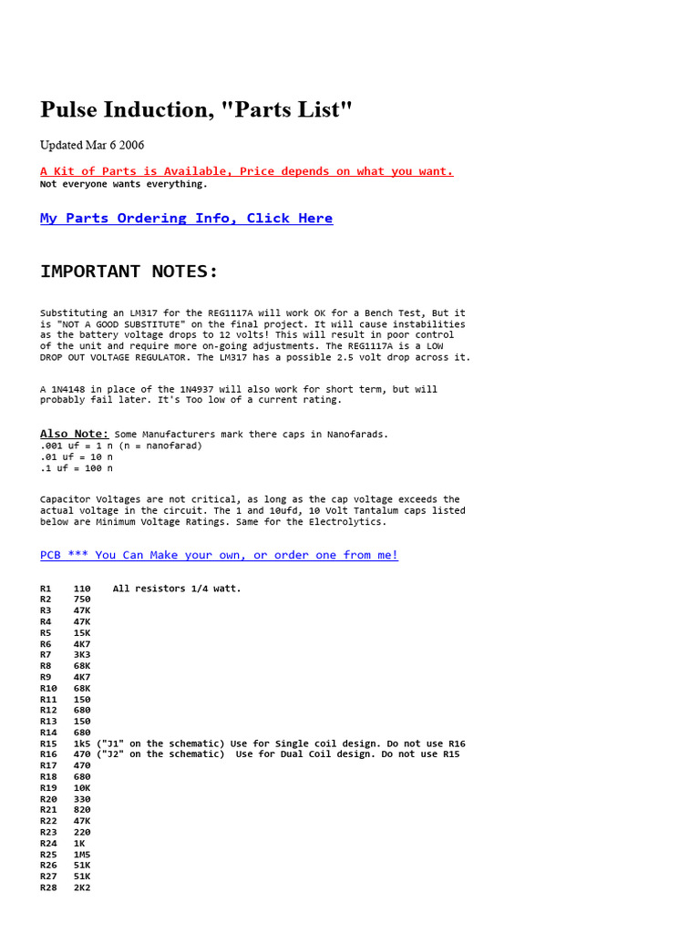 Pulse Induction, _Parts List_ | PDF | Inductor | Headphones