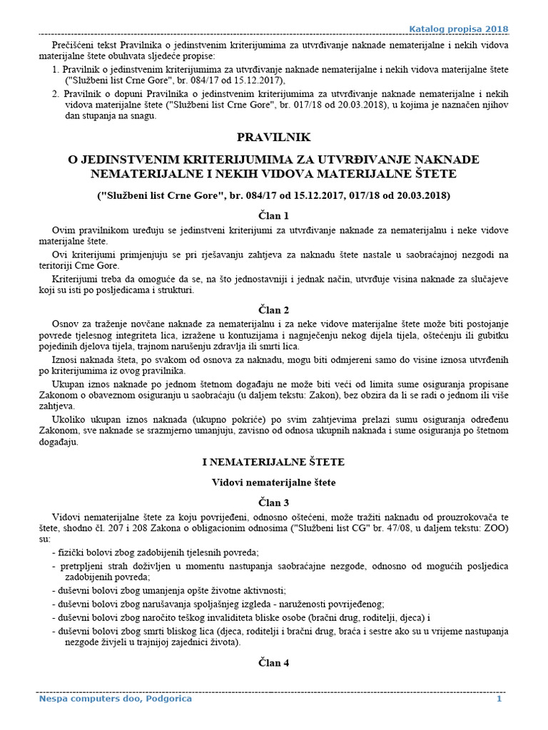 Pravilnik+o+Jed.+Kriterijumima+Za+Utvr.+Naknade+Nematerijalne+Štete | PDF
