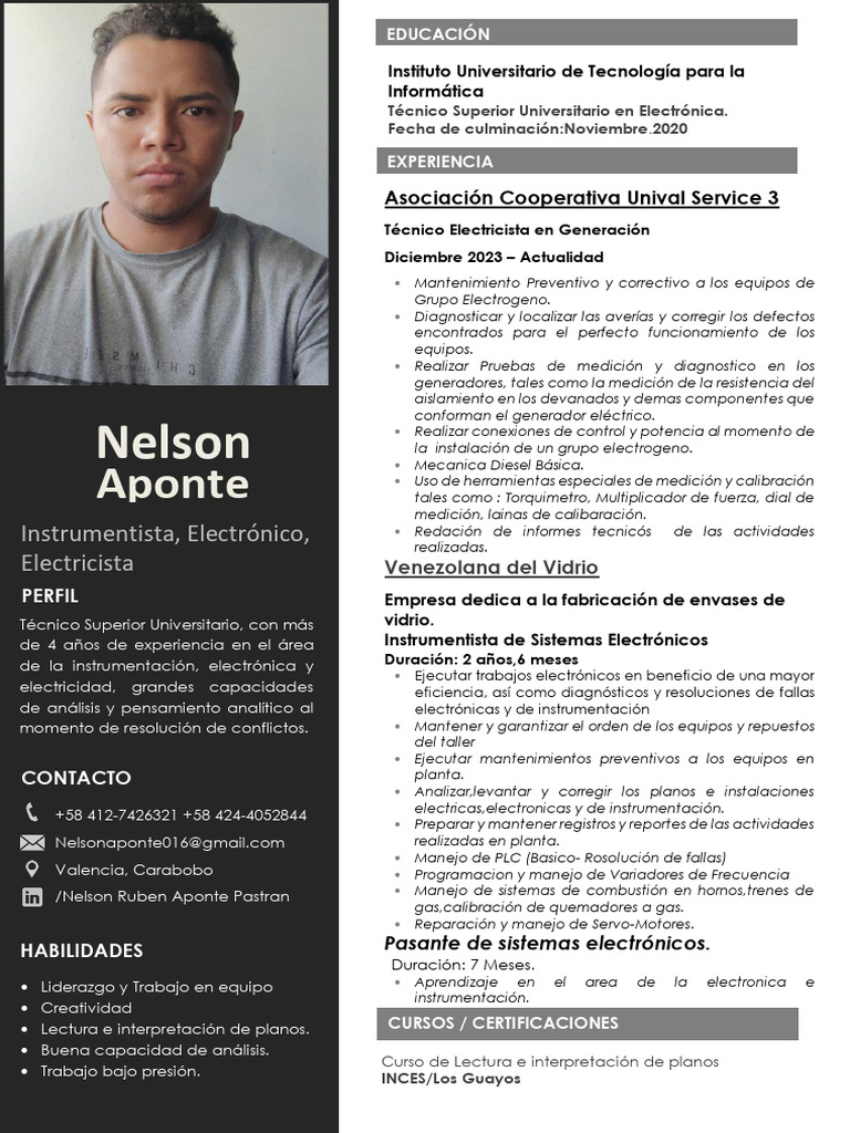 Perfil Profesional de Nelson Aponte | PDF | Electrónica | Electricista