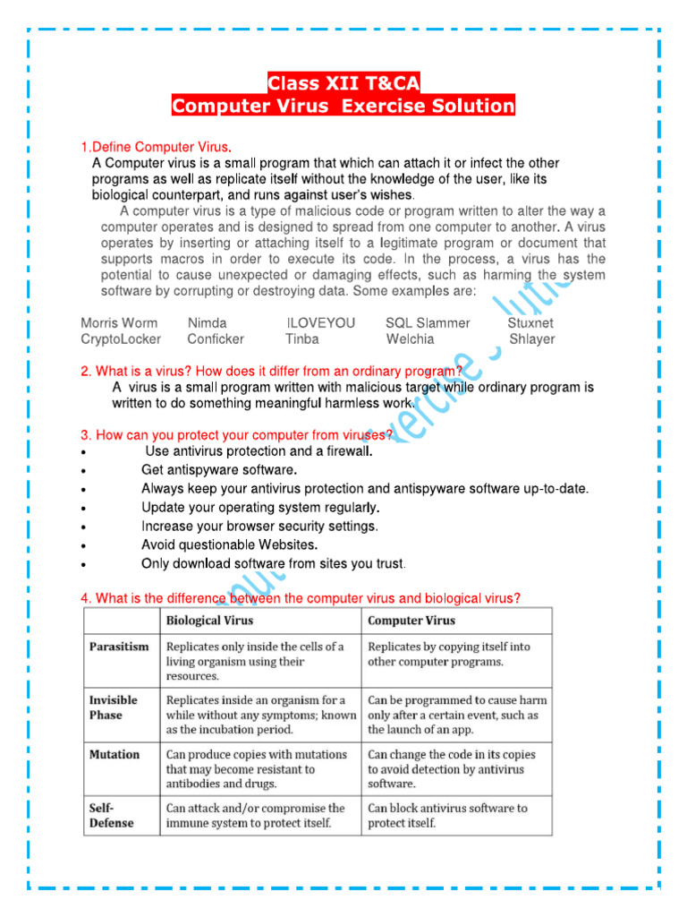 XII T&CA Computer Virus Exercise Solution | PDF