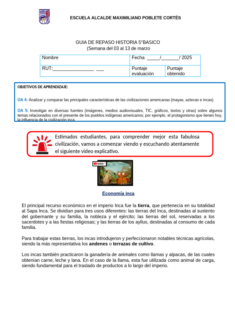 Guia de Repaso Historia 5 | PDF | Imperio Inca