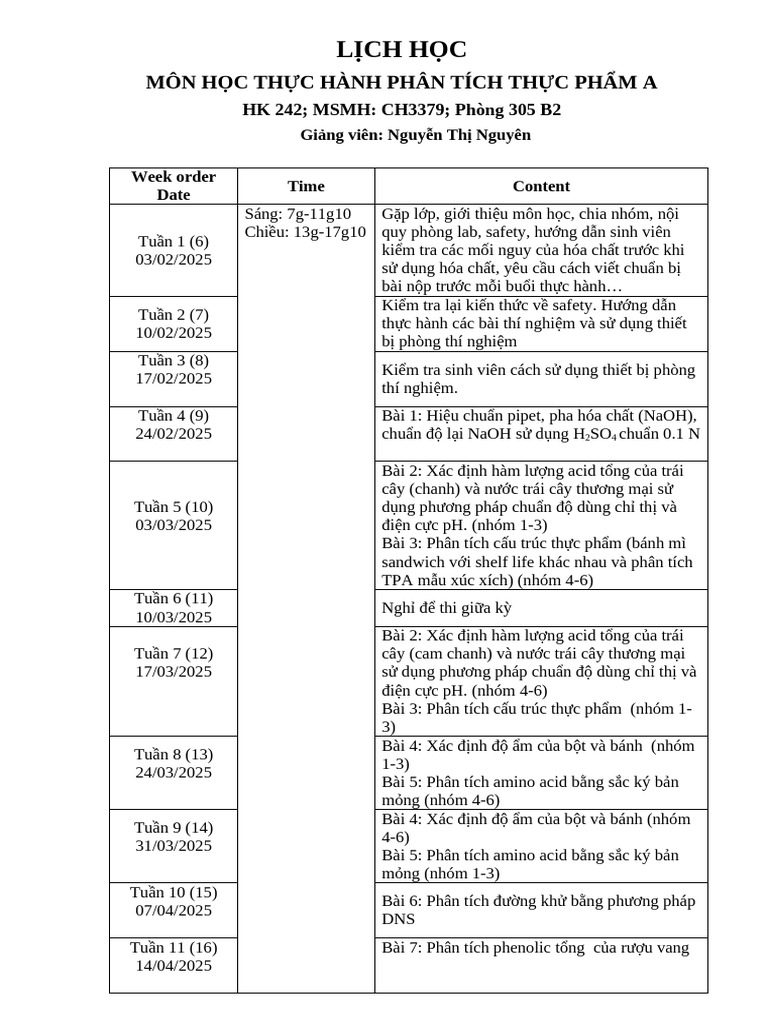 Lich Hoc Thuc Hanh Phan Tich TP - 242 - Gui SV | PDF