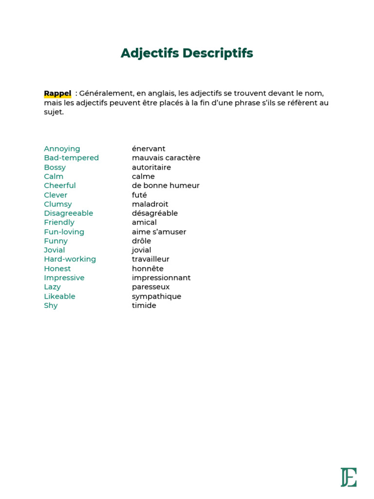 Liste d'adjectifs descriptifs | PDF
