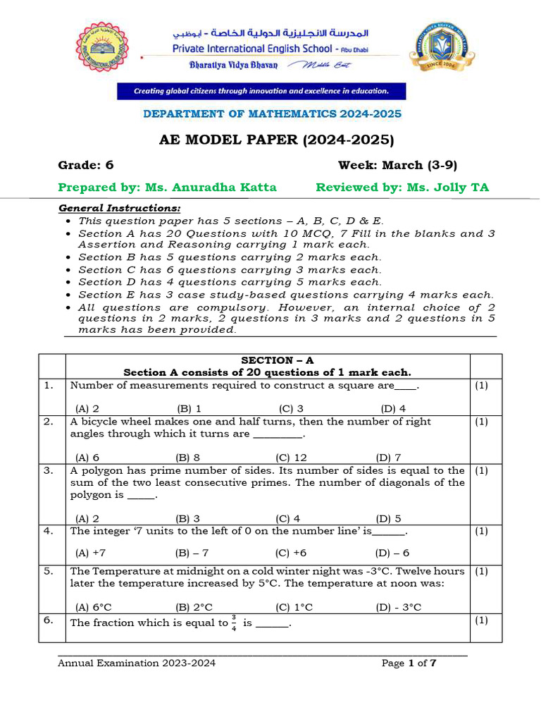 G6 Math AE Model QP (2024-25) | PDF | Area | Numbers