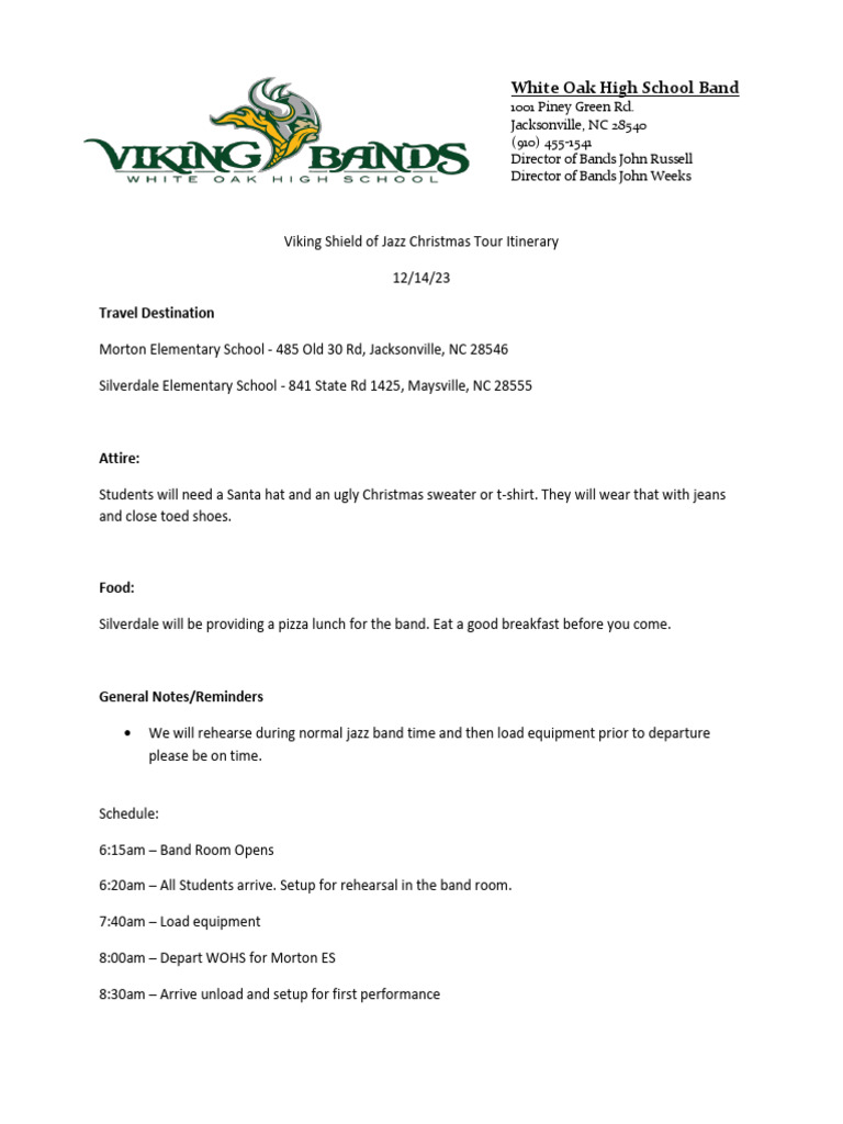 Jazz Band School Tour Itinerary 2023 | PDF