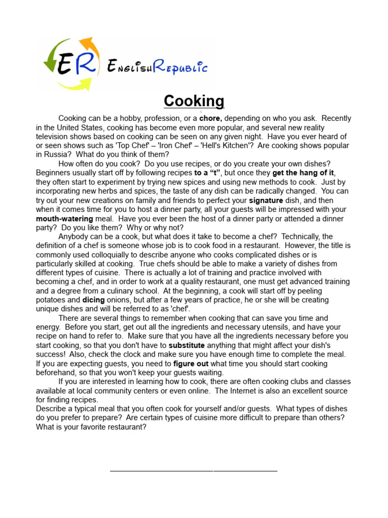 Cooking For Adults and Children (English Topic) | PDF | Baking | Chef