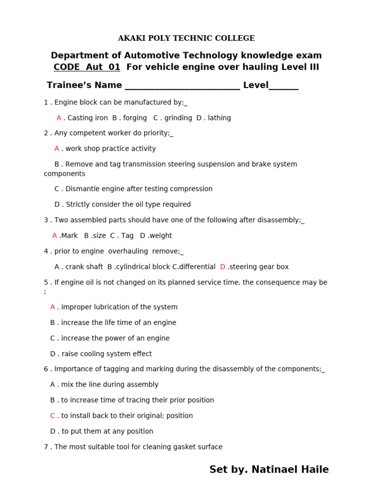 Auto Level III Knolge Exam-2 | PDF | Internal Combustion Engine | Fuel ...