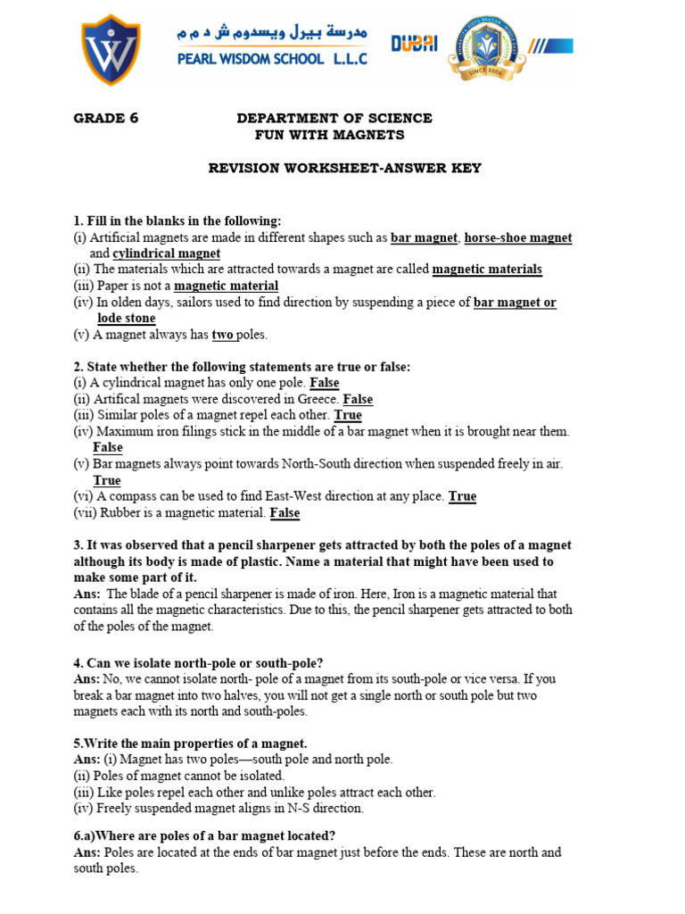 Magnets-Revision WS - Answer Key | PDF | Magnet | Compass