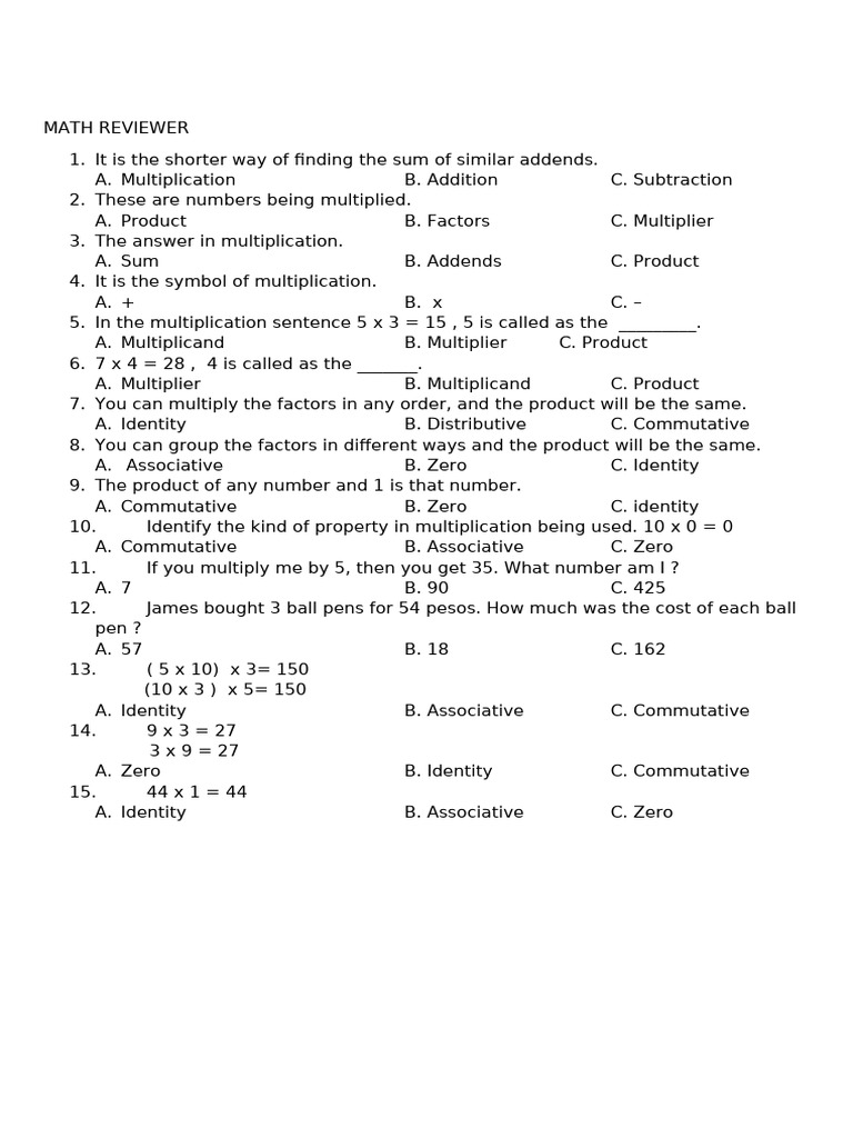 MATH REVIEWER THIRD QUARTER | PDF | Multiplication | Symbols