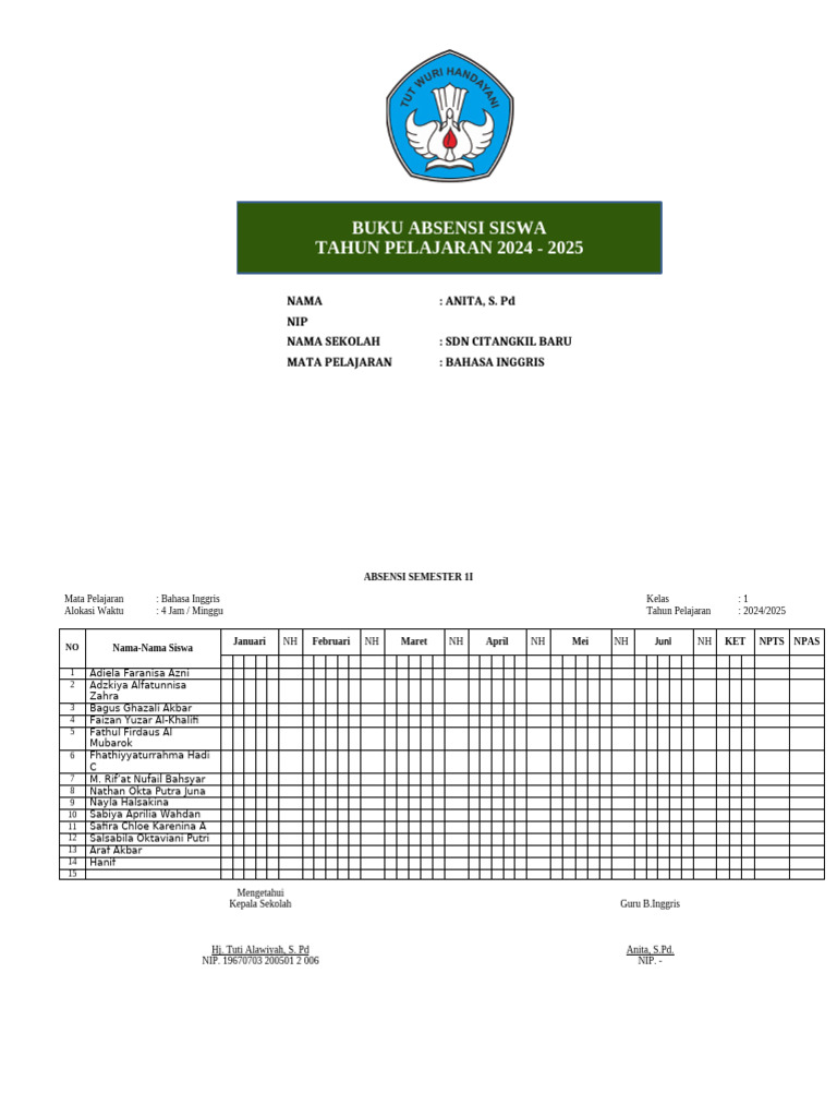 Absensi Semester 1 2024 Bu Roamah | PDF