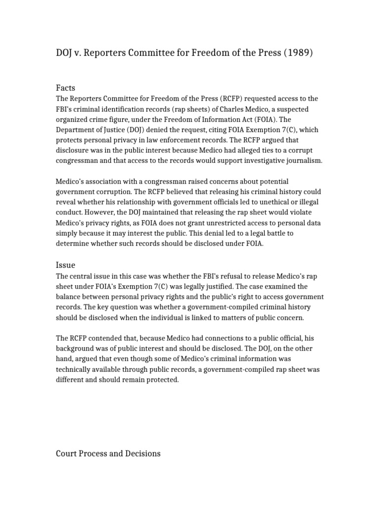FOIA Case Study DOJ V RCFP | PDF | Freedom Of Information Act (United ...