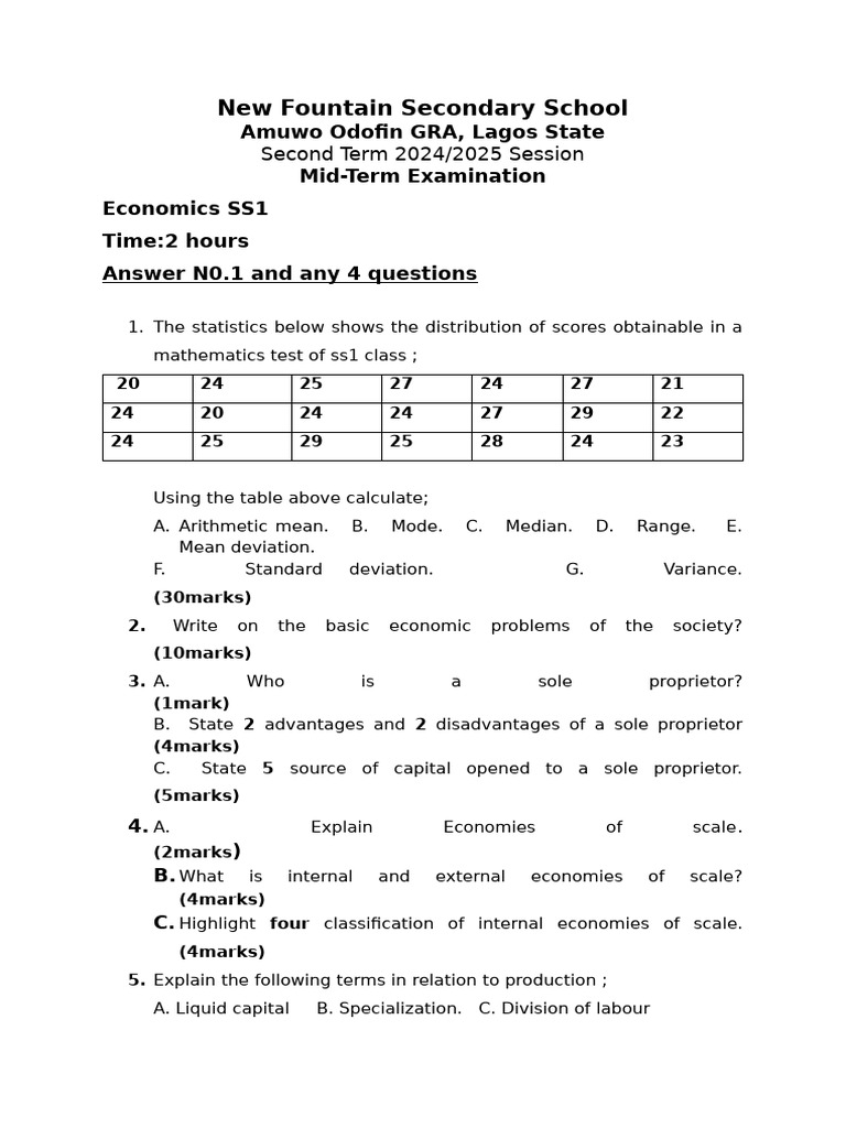 Economics SS1 2ND TERM (MID TERM) 2025 | PDF
