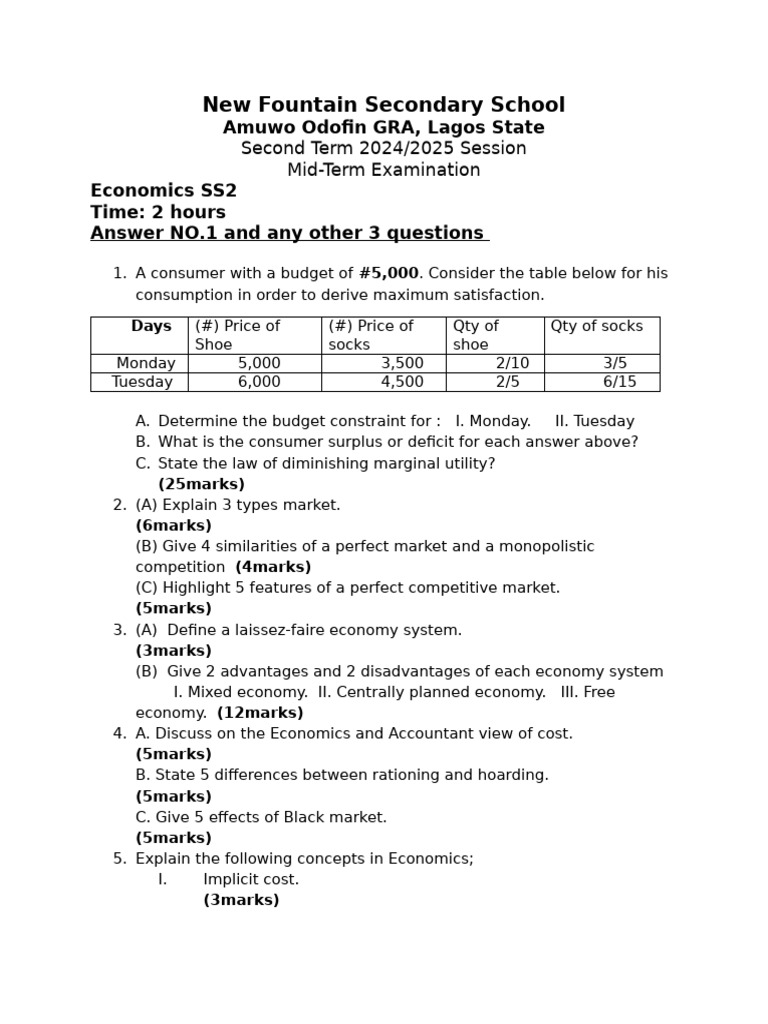 Economics Ss2 2nd Term 1st Half 2025 | PDF