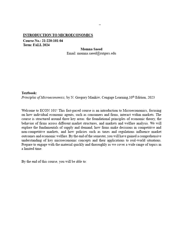 Intro MicroEcon SyllabusFall2024-1 | PDF | Microeconomics | Market (Economics)