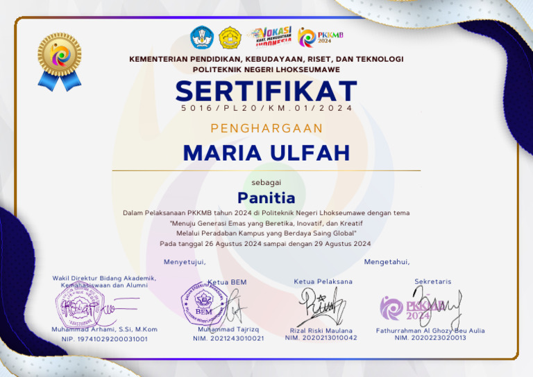 Sertifikat Panitia PKKMB 2024 Polinela | PDF