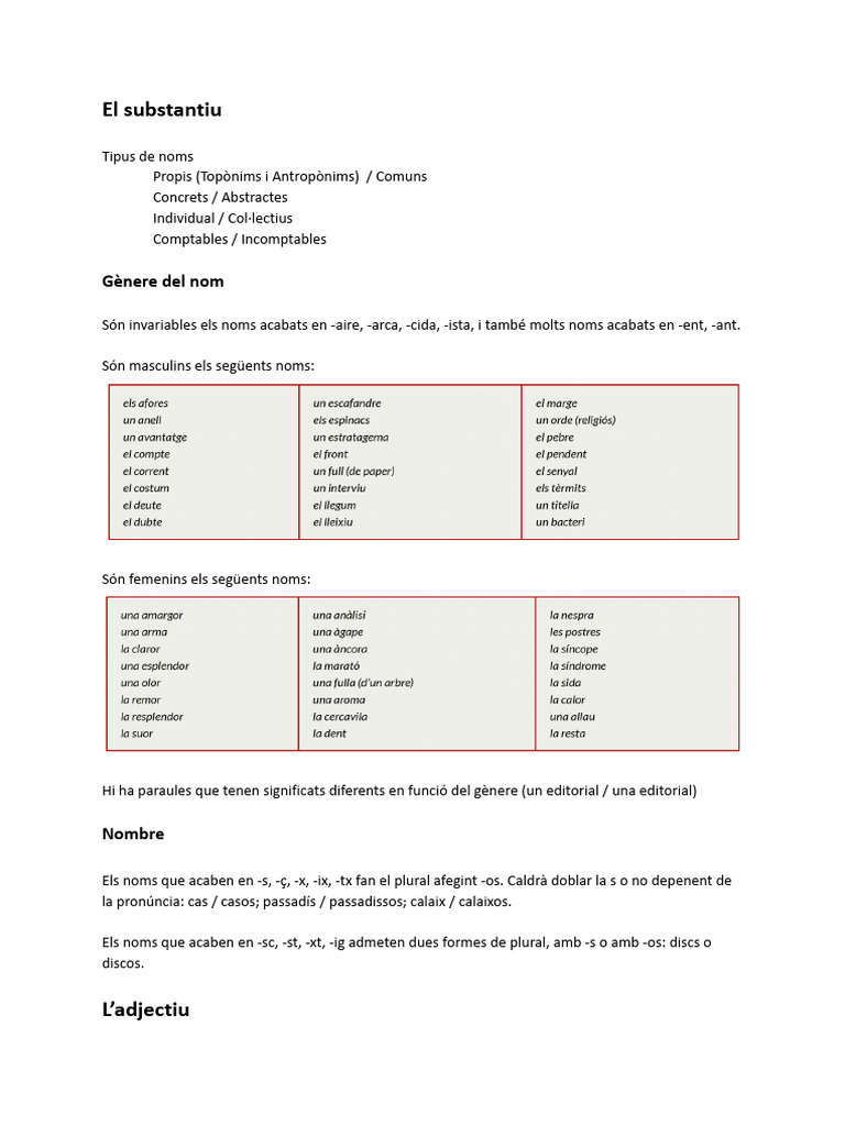 Resum Morfologia Del Nom I de L'adjectiu | PDF