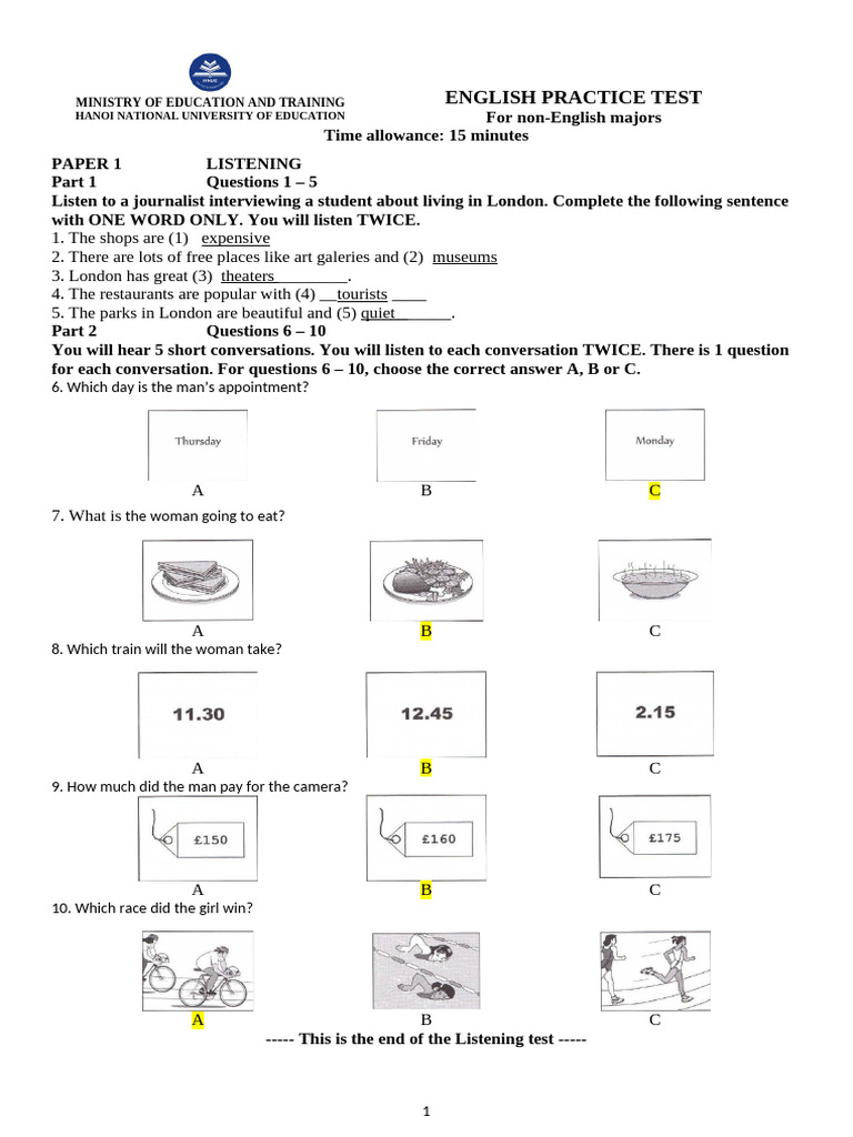 Answer PRACTICE LISTENING TEST | PDF