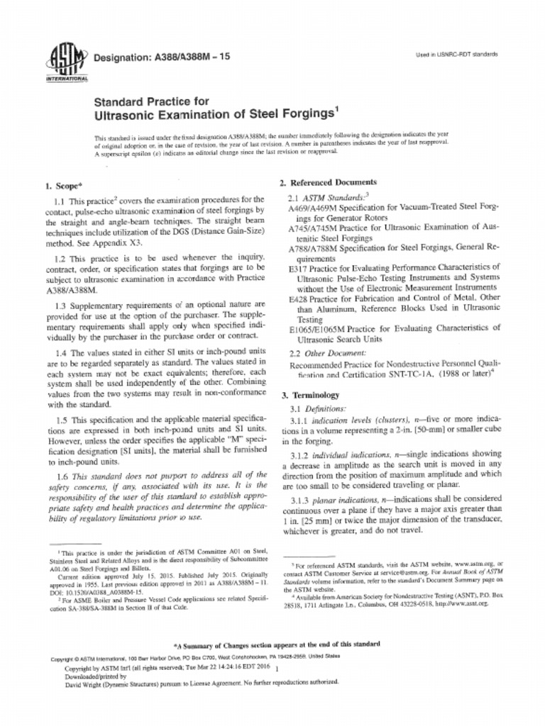 ASTM A388-A388M-15 Standard Practice For Ultrasonic Examination of Steel Forgings | PDF