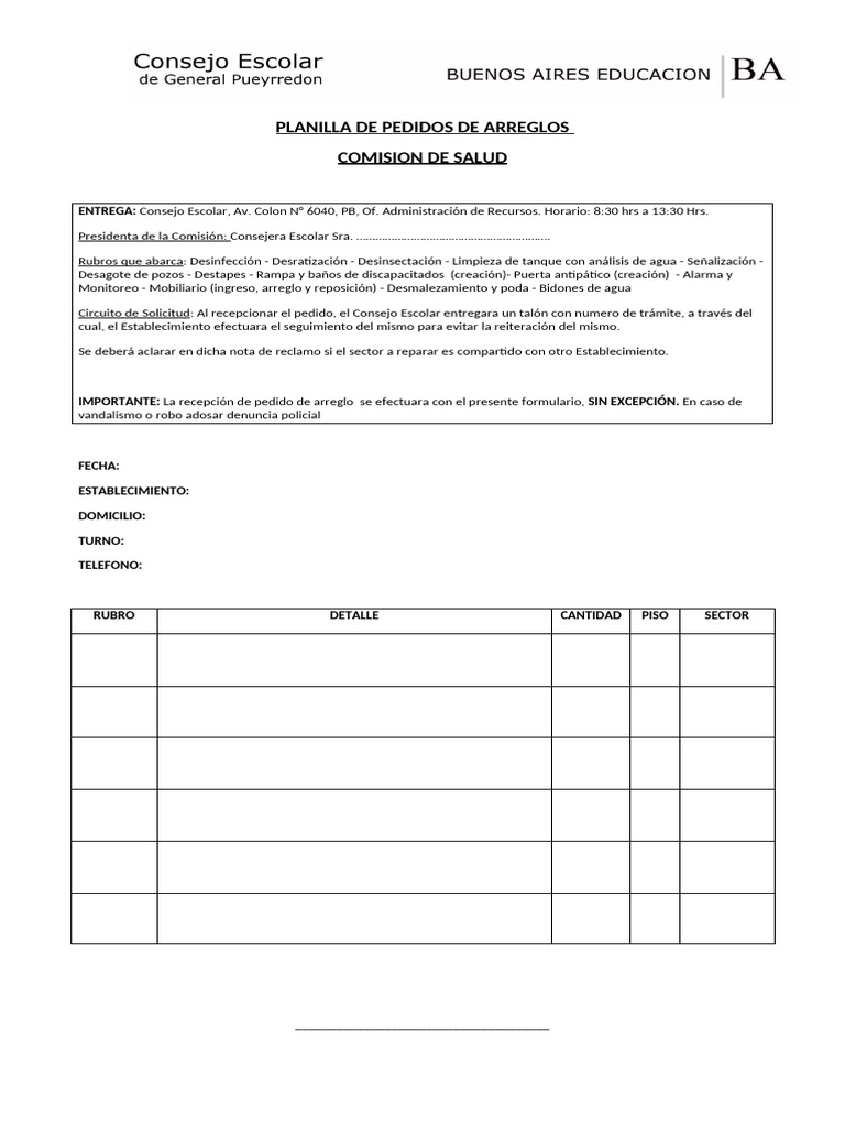 Planilla de Pedidos Salud | PDF