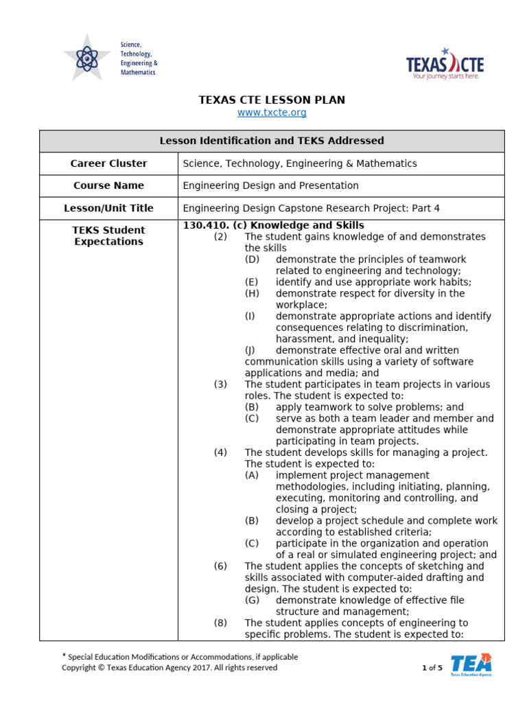 Lesson Plan Engineering Design Capstone Research Project Part 4_1 | PDF ...