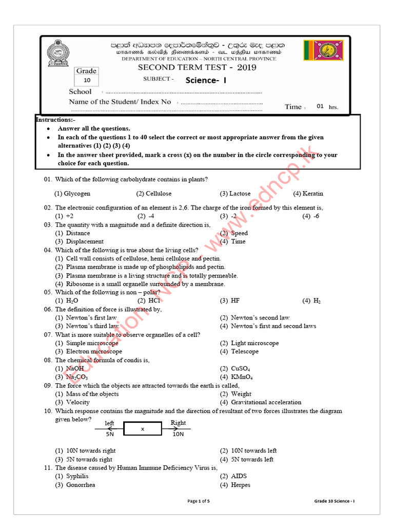 Grade 10 Science Second Term Exam | PDF | Force | Chemical Elements