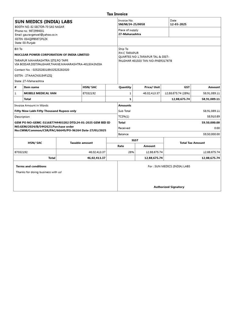 GST Invoice for Mobile Medical Van | PDF | Economies | Payments