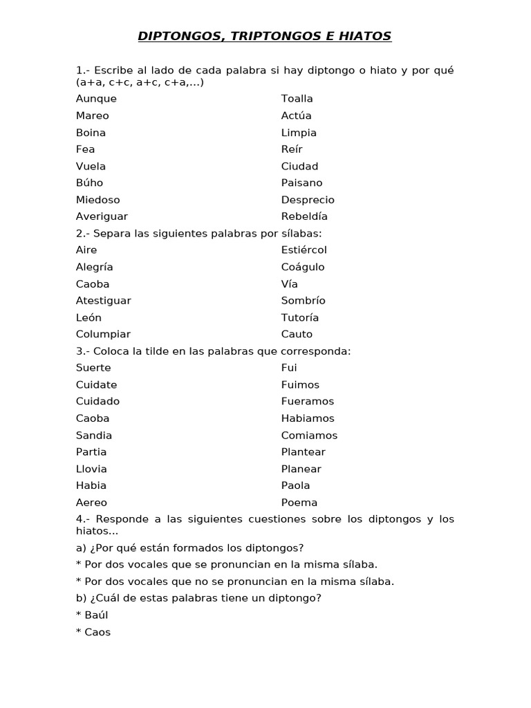 Ejercicios sobre Diptongos y Hiatos | PDF | Vocal | Voz humana