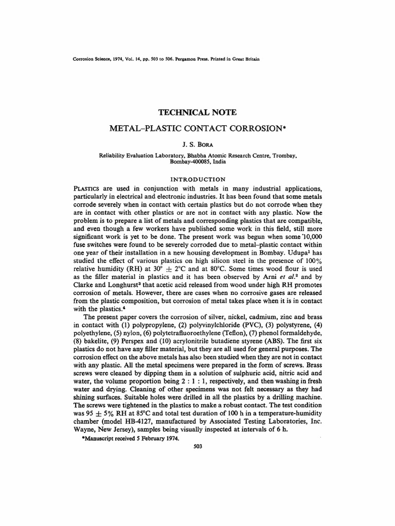 Metal Plastic Contact Corrosion | PDF | Corrosion | Plastic