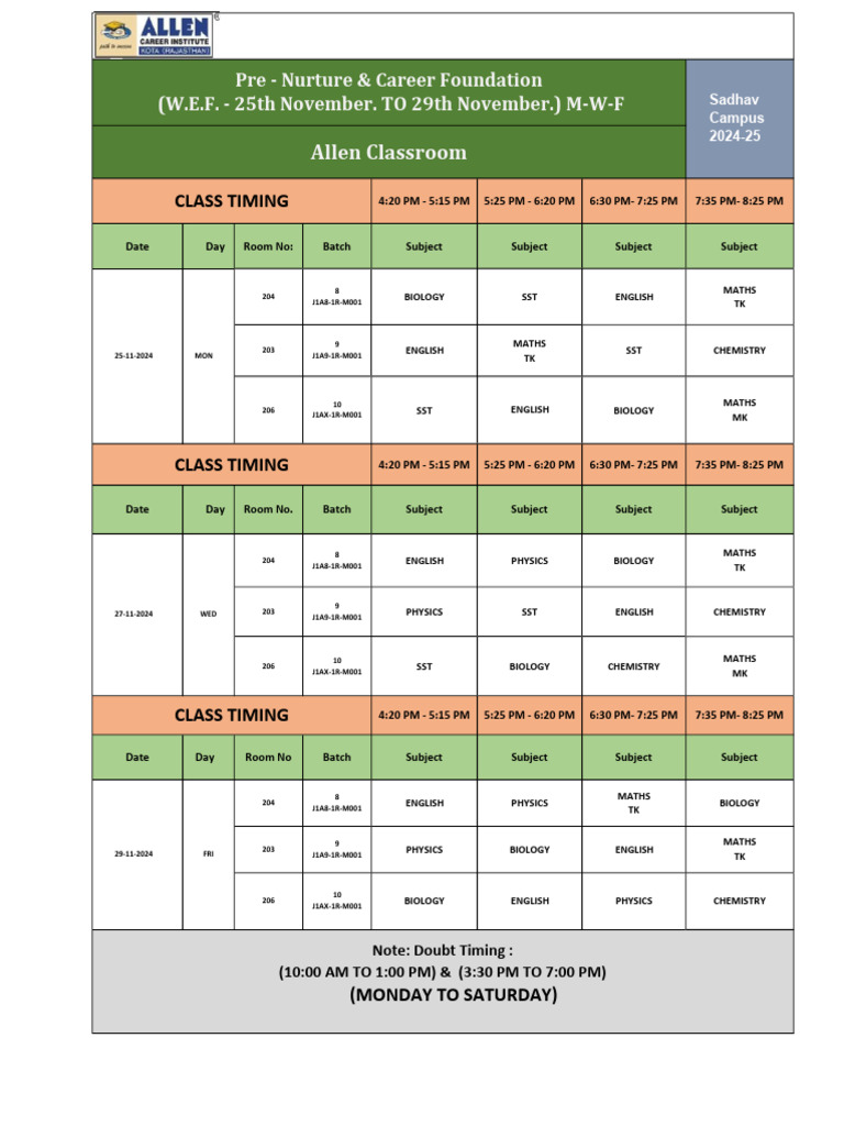 PNCF Sadhav MWF Time Table-25!11!2024 | PDF | Physical Sciences | Natural Sciences