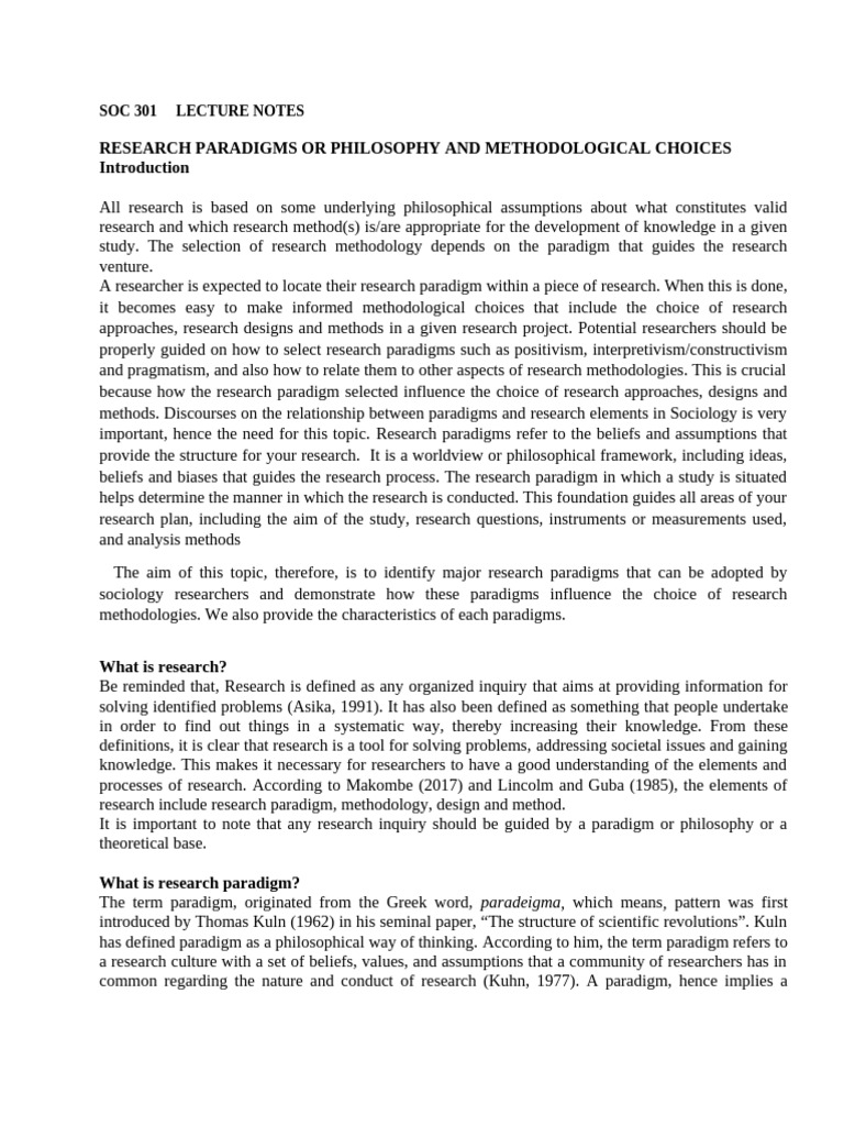 Soc 301 Lecture Notes Research Paradigm or Philosophy | PDF ...