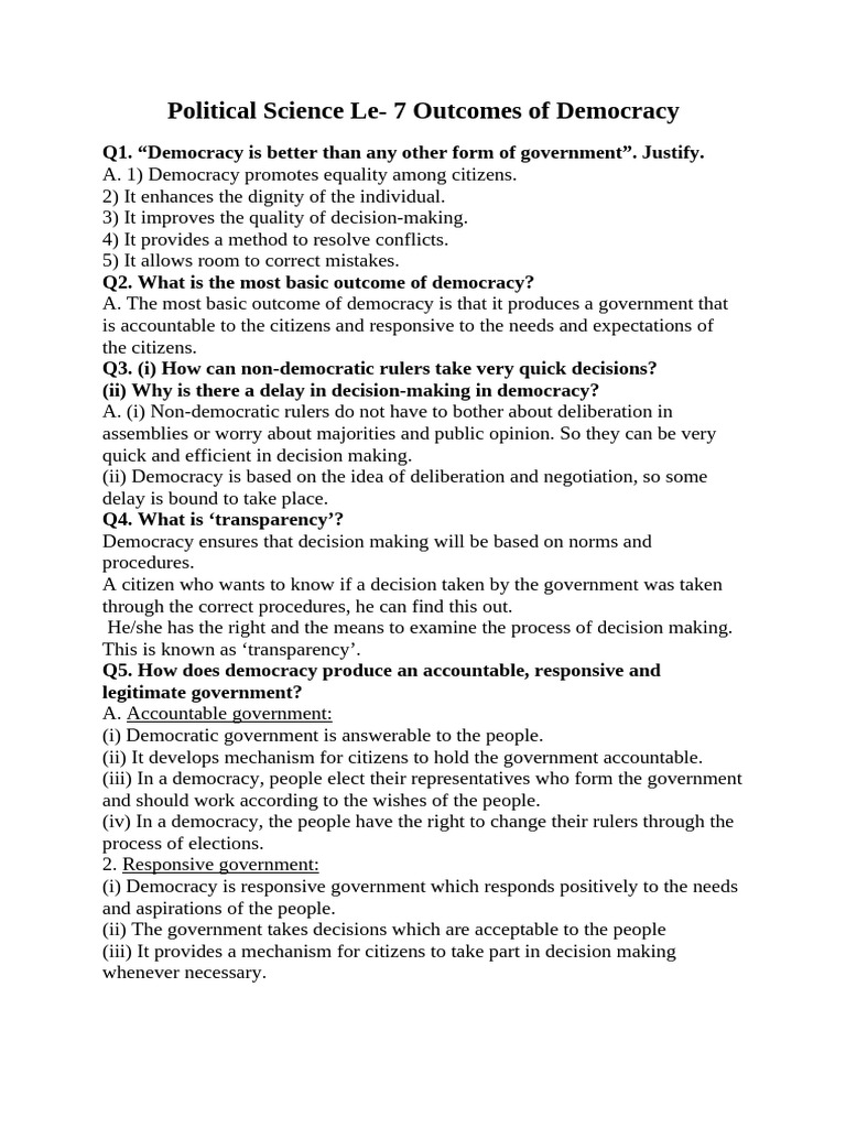 CHP 7 Outcomes of Democracy | PDF | Democracy | Political Ideologies