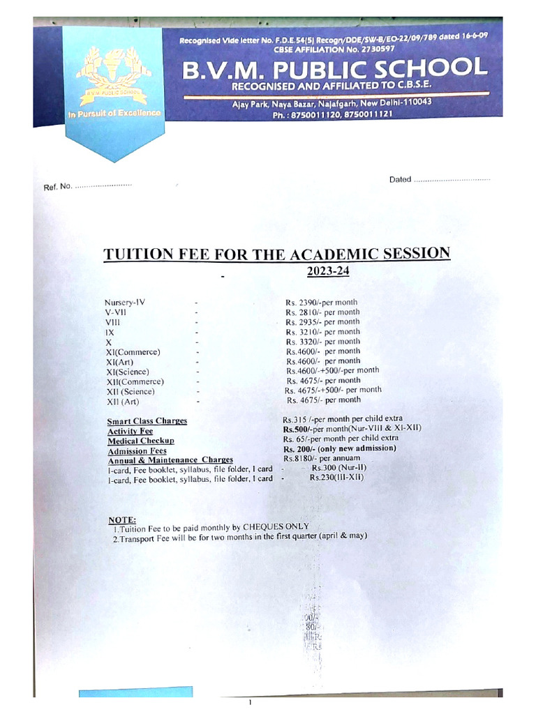 Fee Structure of The School | PDF