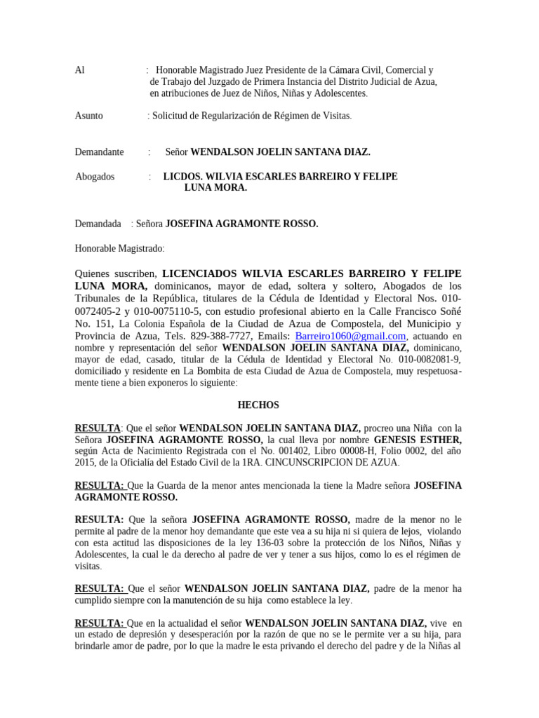 Demanda en Solicitud de Regimen de Visitas Mireya | PDF | Justicia | Crimen y violencia