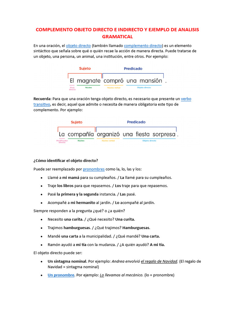 Complemento Objeto Directo e Indirecto y Ejemplo de Analisis Gramatical | PDF | Objeto ...