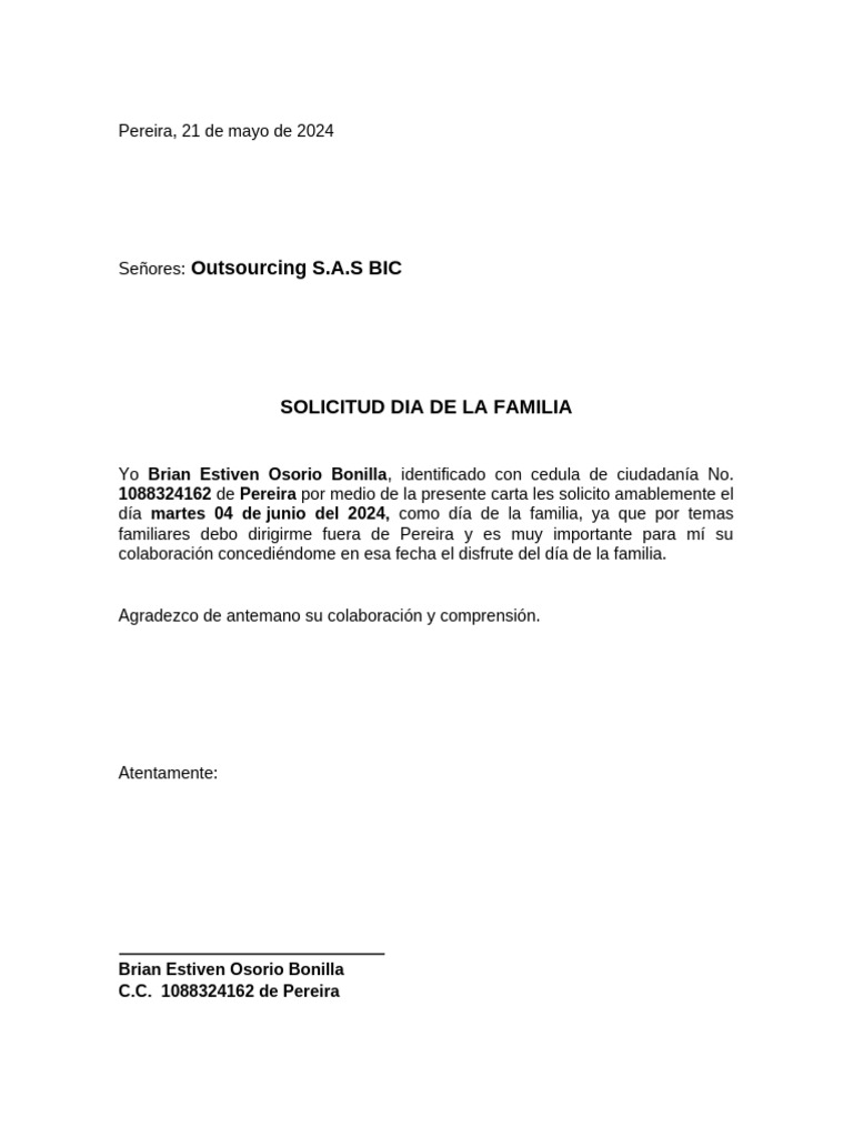 Solicitud Dia de La Familia | PDF
