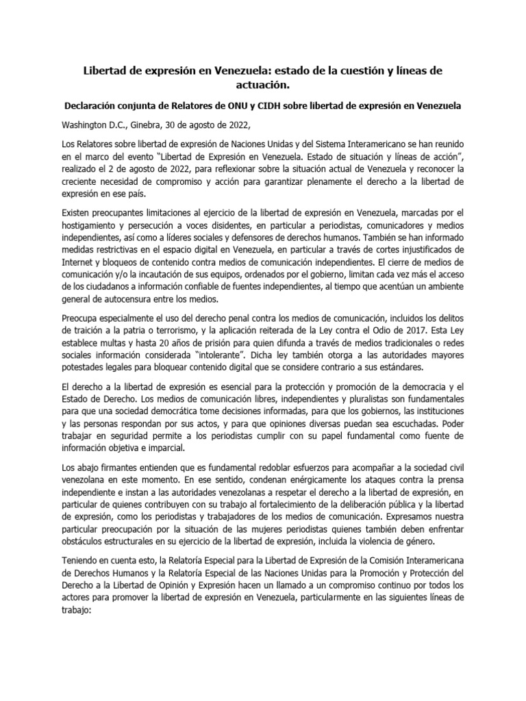 VEN UN OAS Statement AUG22 ESP | PDF | Libertad de expresión | Libertad
