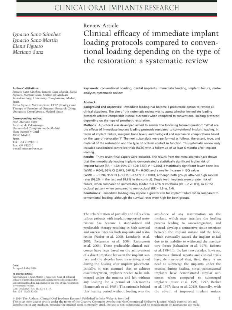 2014 Ignacio Sanz Clinical Efﬁcacy of Immediate Implant Loading Protocols Compared to ...