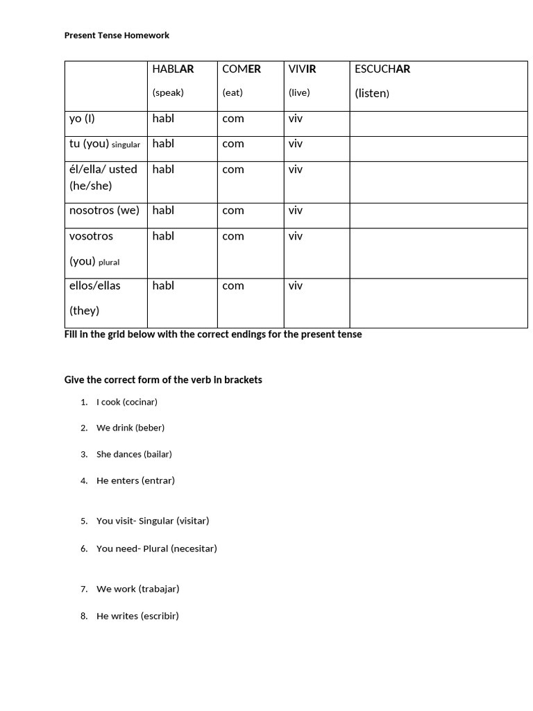 Present tense Homework | PDF