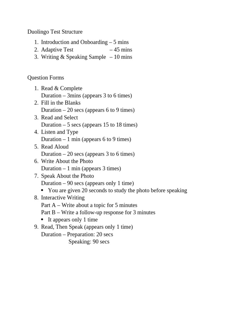 Duolingo Test Structure | PDF