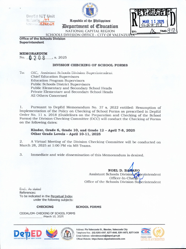 DM 0208 S. 2025 Division Checking of School Forms | PDF