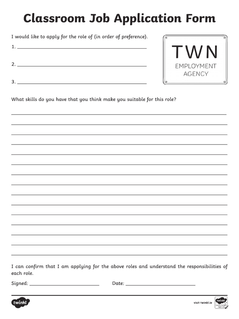 Classroom Jobs Application Form Activity Sheet | PDF