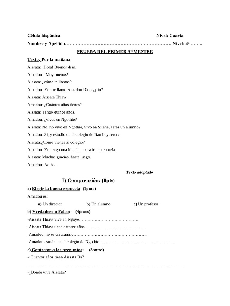 Prueba de Español para Cuarta Clase | PDF