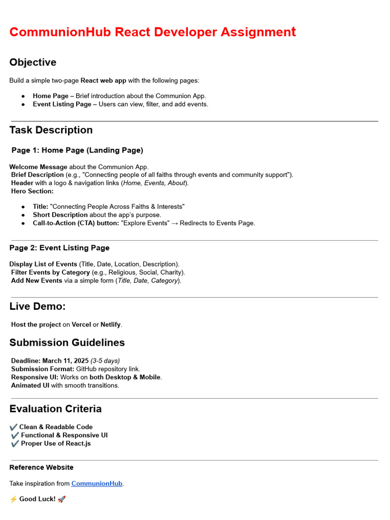 CommunionHub React Developer Assignment | PDF