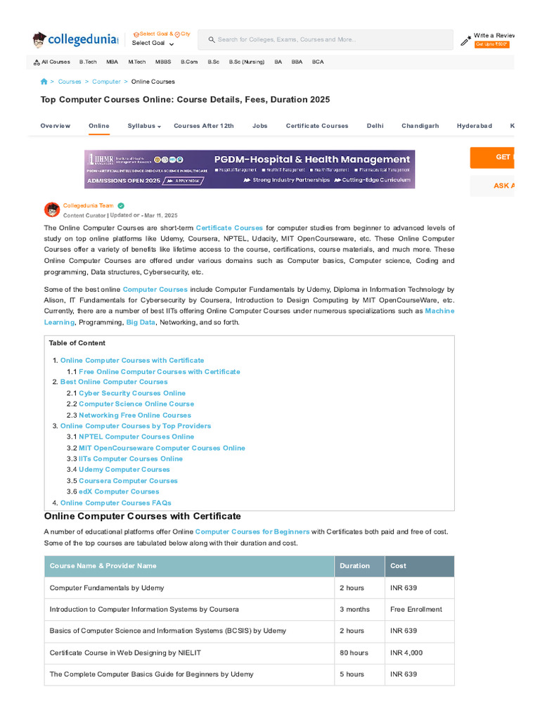 Top Computer Courses Online - Course Details, Fees, Duration 2025 | PDF