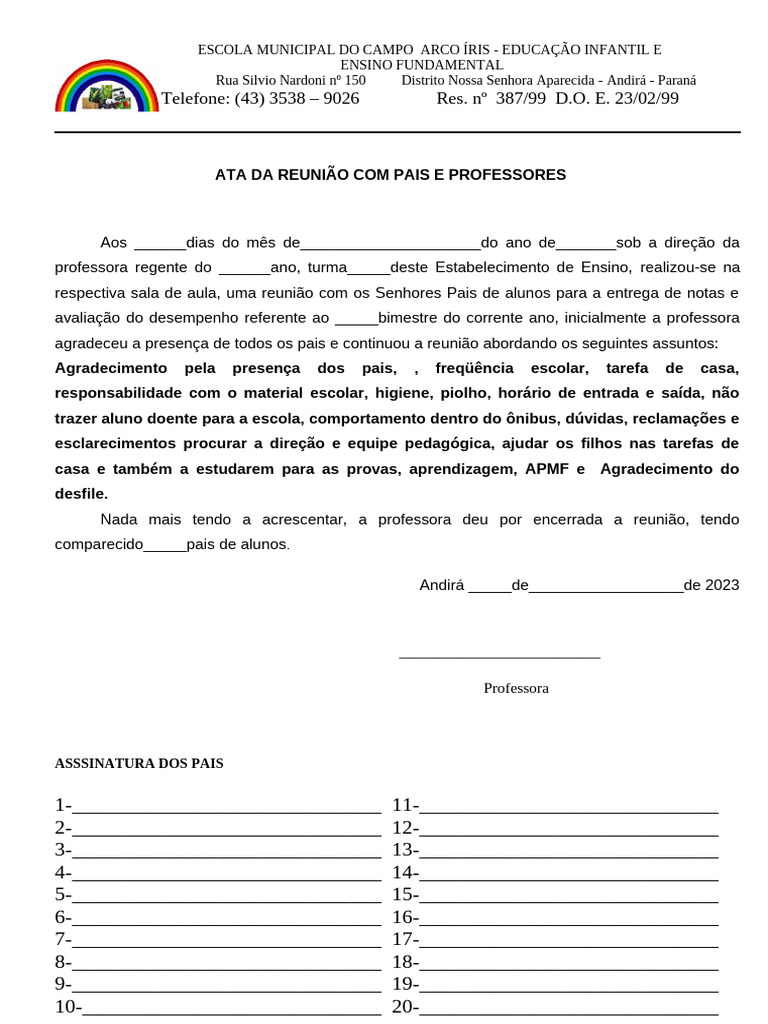 Ata de Reunião com Pais e Professores | PDF | Aprendizado