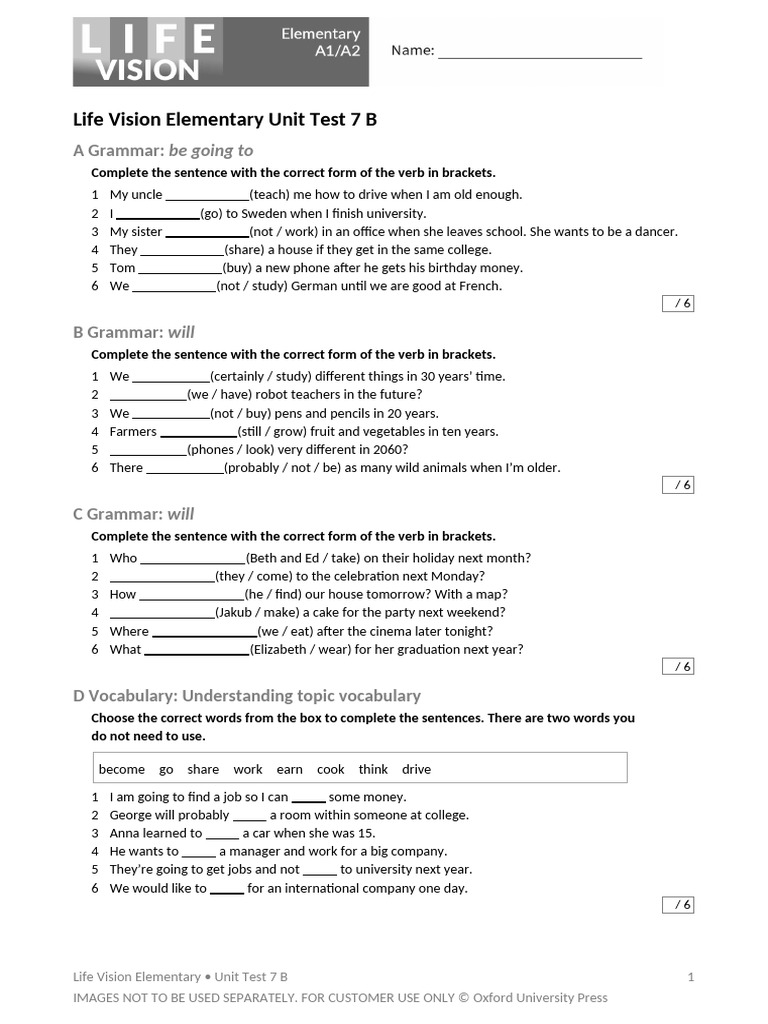 Life Vision Elementary Unit Test 7 B | PDF | Vocabulary